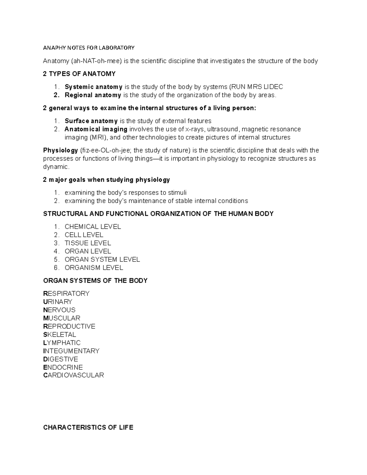 Anaph-LAB- Notes - ANAPHY NOTES FOR LABORATORY Anatomy (ah-NAT-oh-mee ...