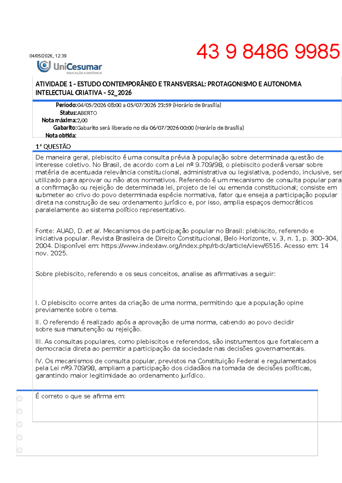 Atividade 1 - Estudo Contemporâneo e Transversal: Protagonismo e ...
