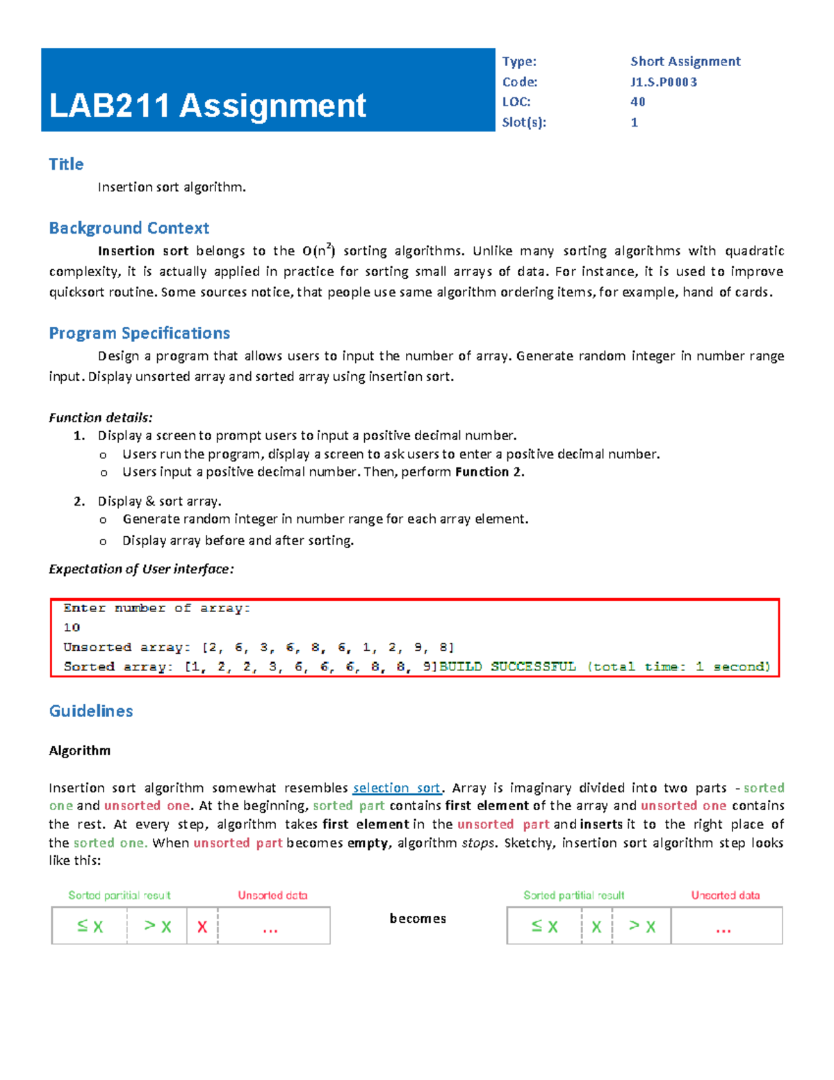 LAB211 Assignment: Insertion Sort Algorithm in Java - Studocu