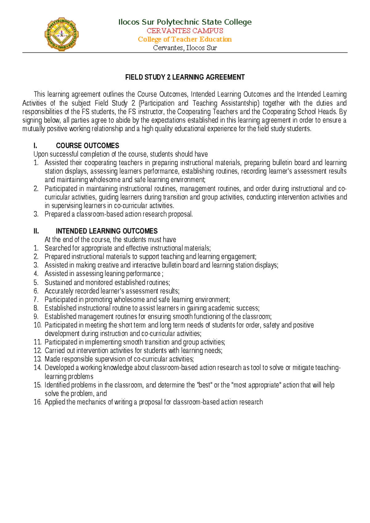 FS 2 Learning Agreement: Course Outcomes & Activities Overview - Studocu