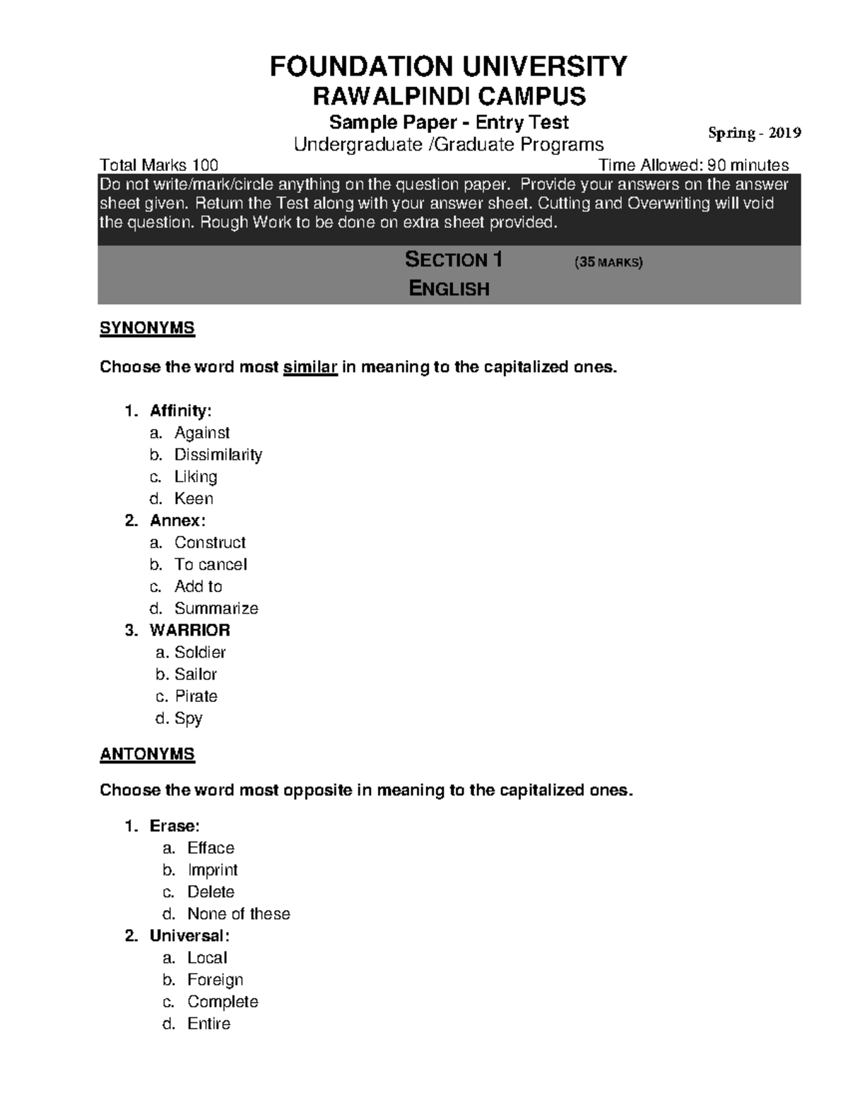 Sample Paper - Entry Test FURC (Undergraduate/Graduate Programs) - Studocu