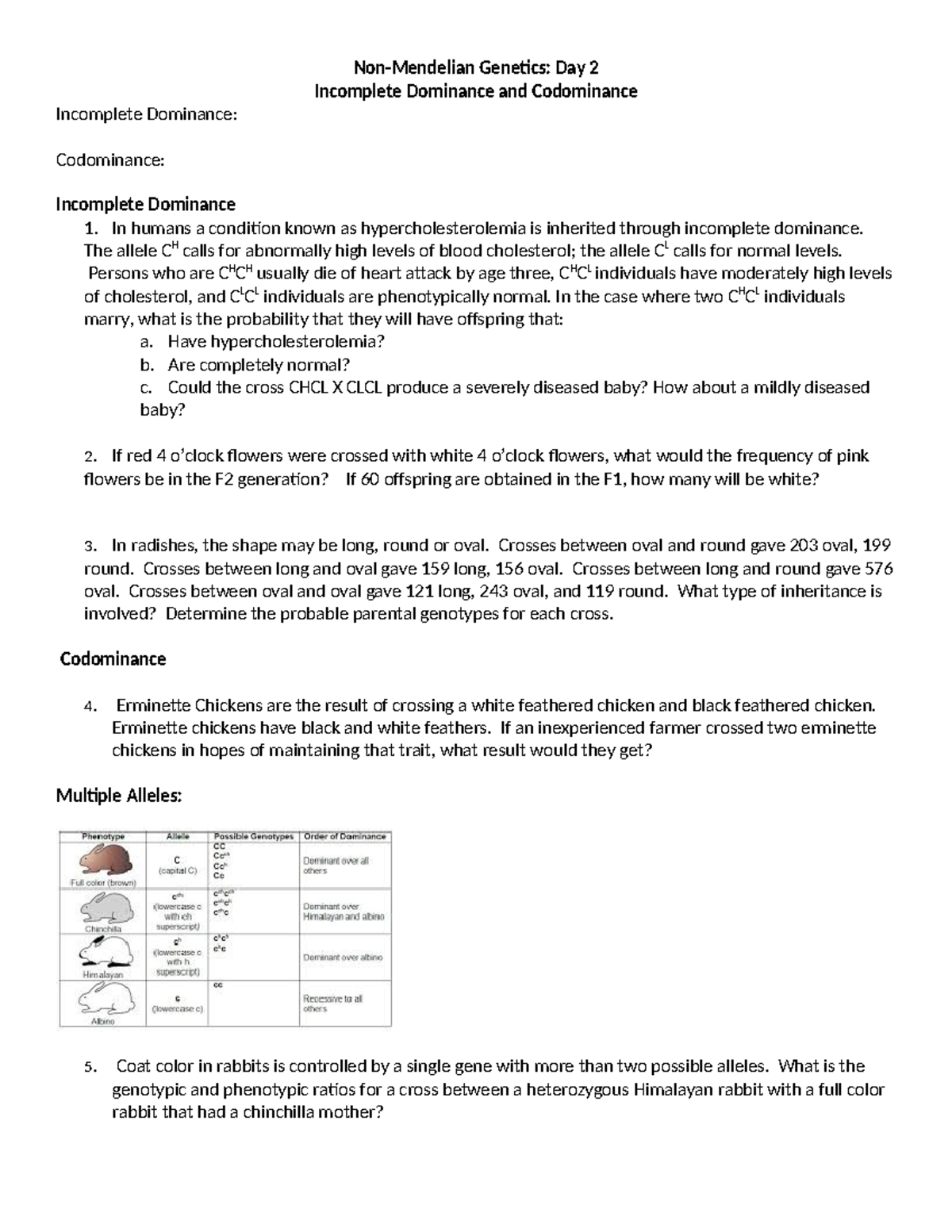 Non-Mendelian Genetics: Incomplete Dominance & Codominance Day 2 - Studocu