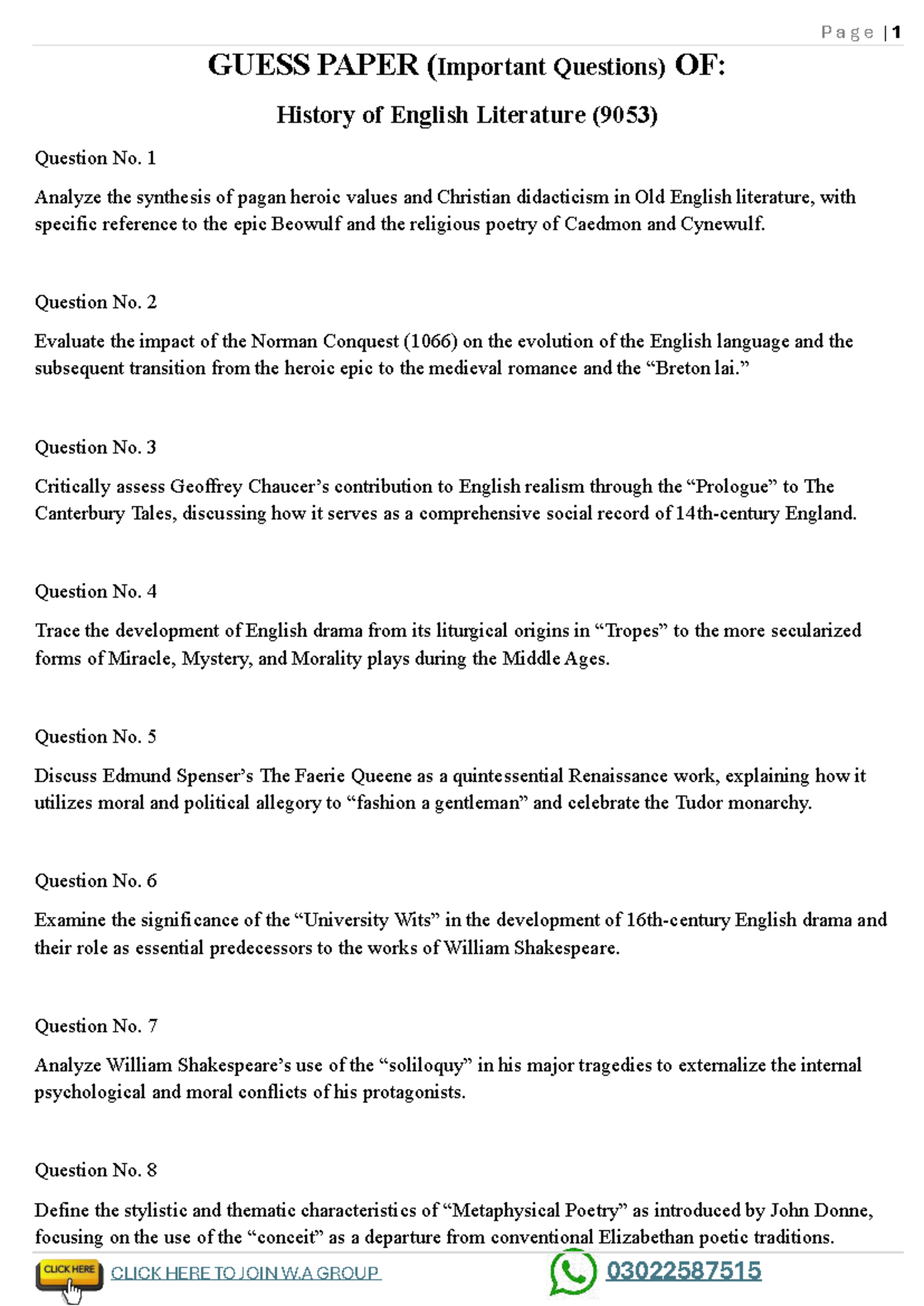 9053 History of English Literature Guess Paper: Key Questions - Studocu