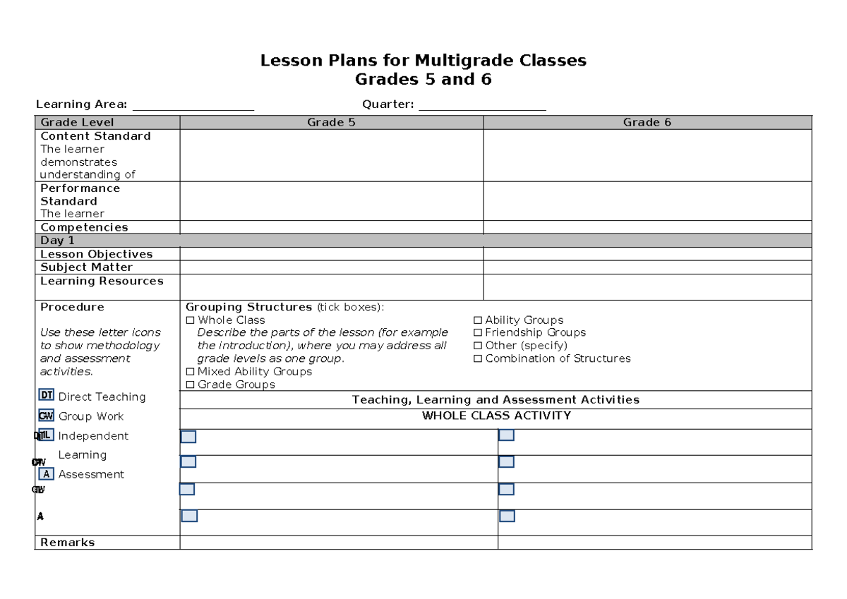Lesson Plan Template for Multigrade Classes (Grades 5 & 6) - Studocu