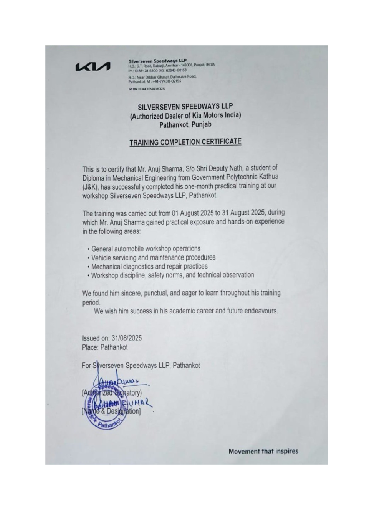 Training Completion Certificate for Diploma in Mechanical Engineering ...