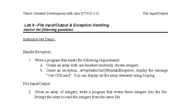 Tutorial Lab 9: Exception Handling in Java OOD (Level 2) - Studocu