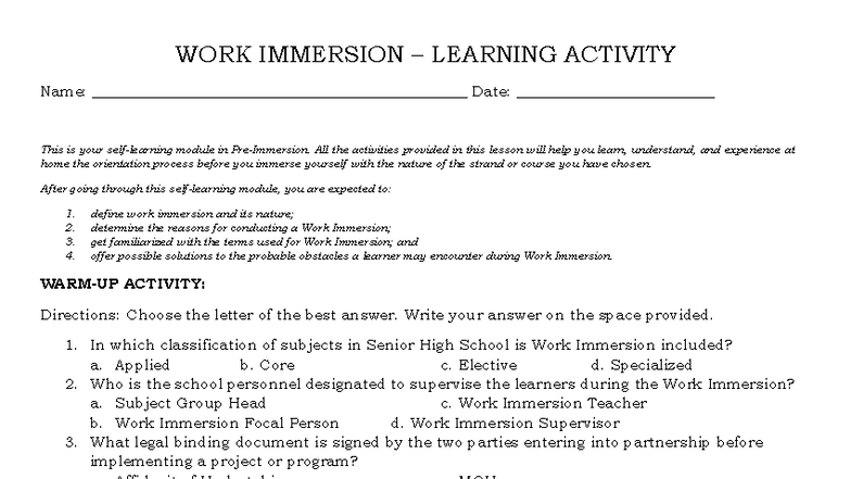 Work Immersion LAS 1: Understanding the Orientation Process - Studocu