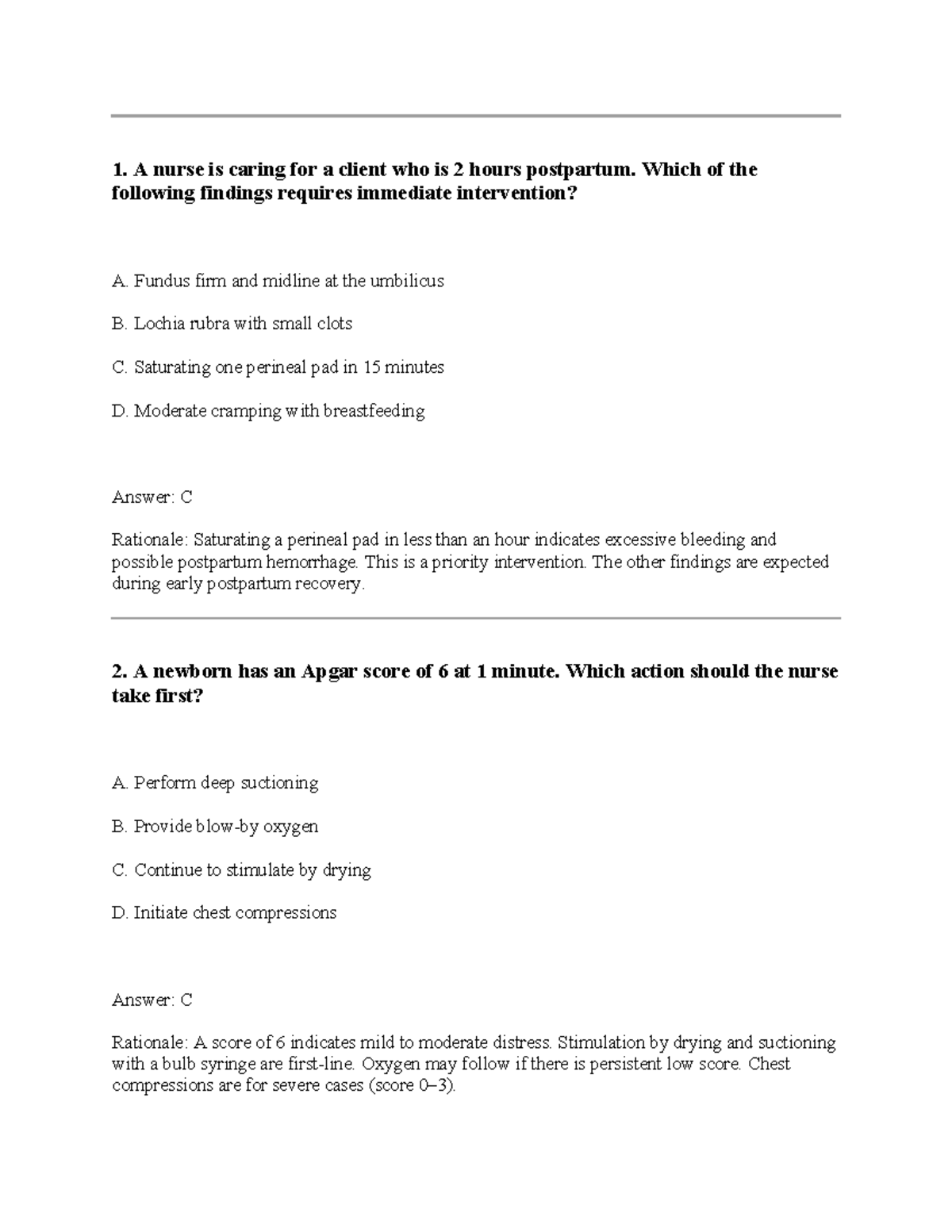 Maternal Quiz Example: Postpartum and Newborn Care Insights - Studocu