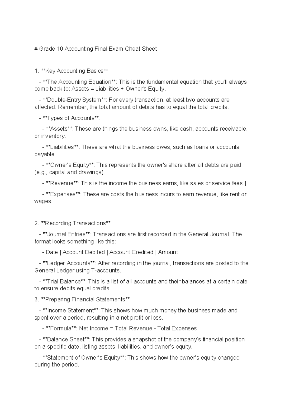 Grade 10 Accounting Final Exam Cheat Sheet and Key Concepts - Studocu