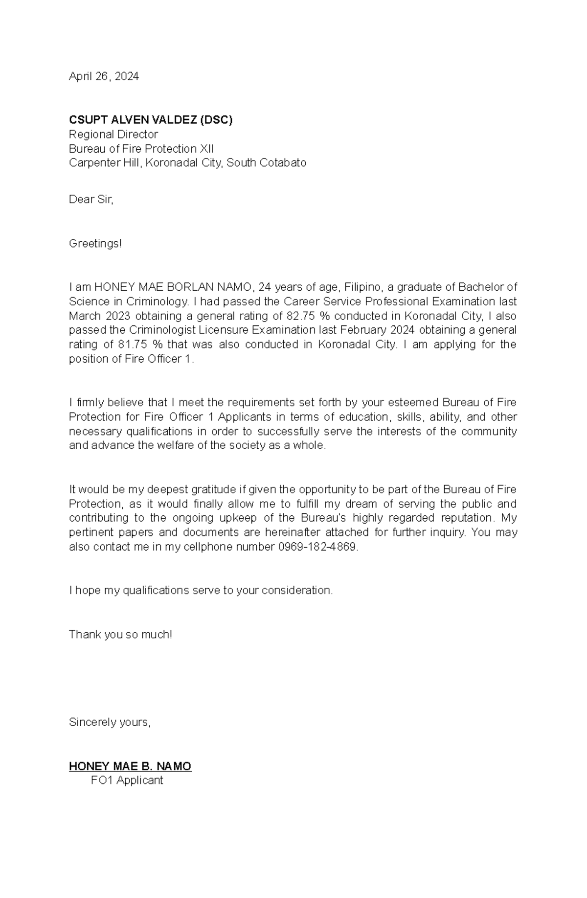 Application Letter for Fire Officer 1 (FO1) Position - Studocu