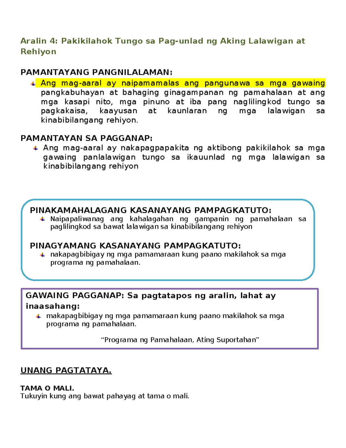 Araling Panlipunan 3 Learning Packet 4: Pakikilahok sa Kaunlaran - Studocu