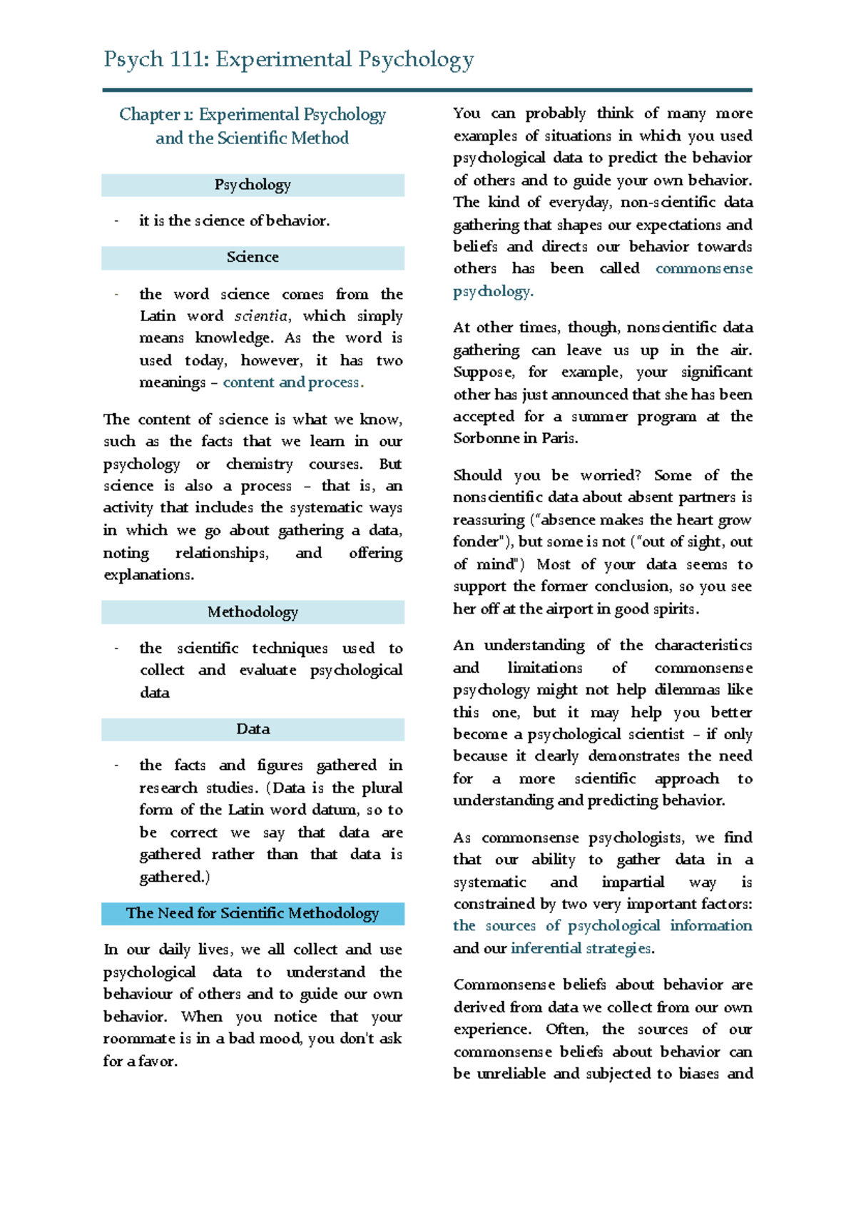 Psych 111 Chapter 1, 2, & 6 (Experimental Psychology, Myers) - Chapter ...