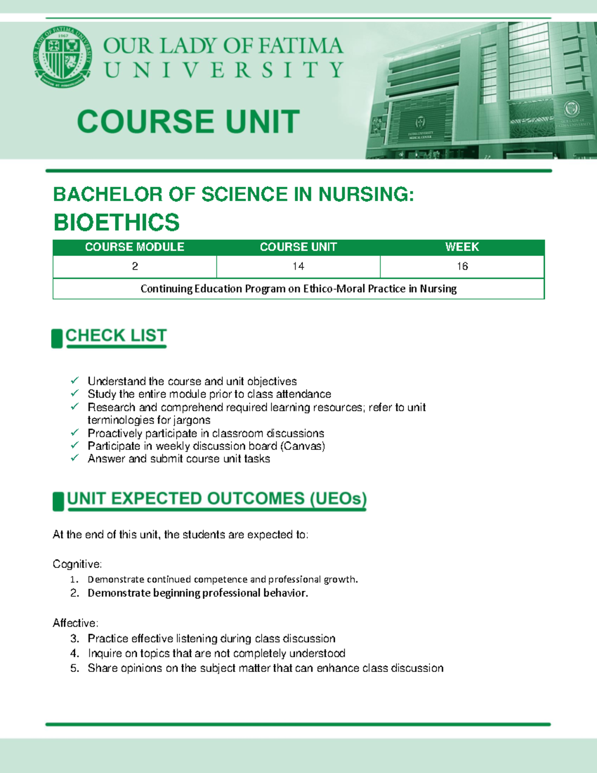 BSC Nursing: Bioethics Course Module Unit 14 Overview & Objectives ...