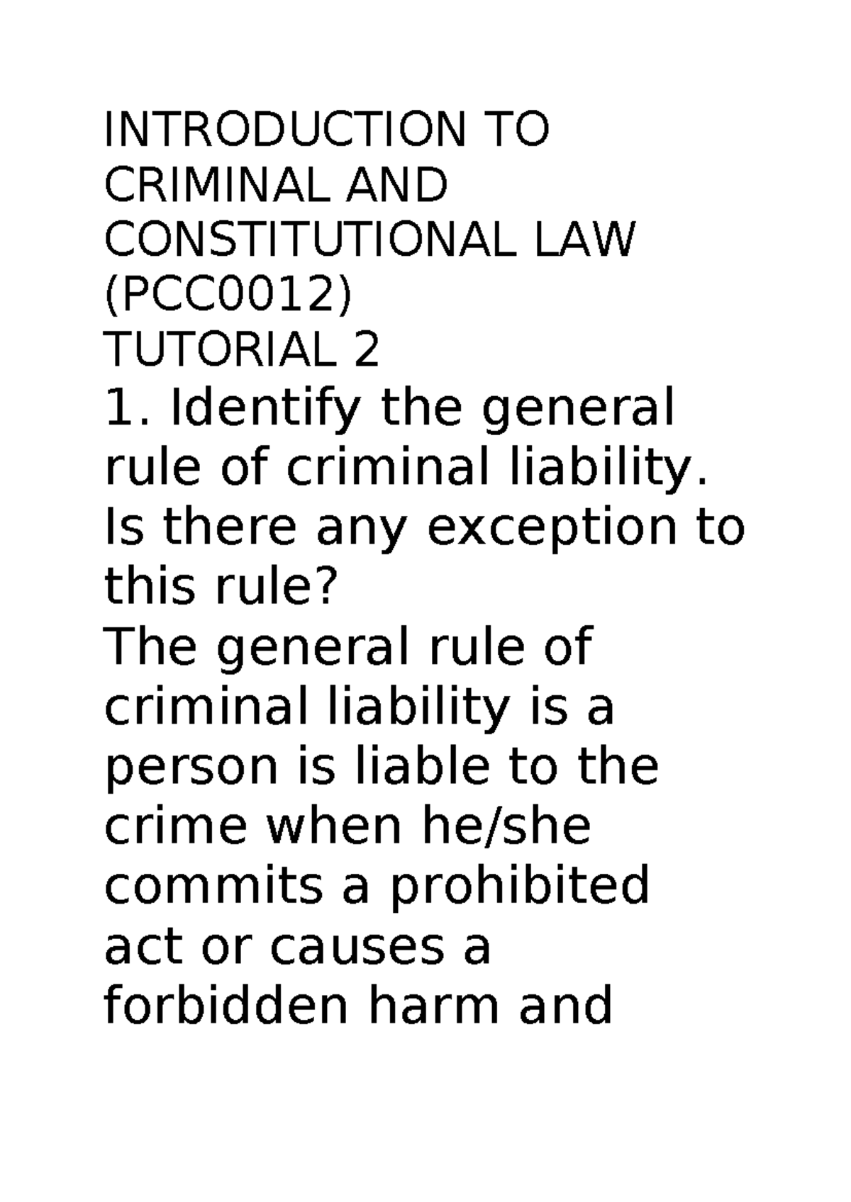 PCC0012 Criminal Law Tutorial 2: General Rule of Liability - Studocu