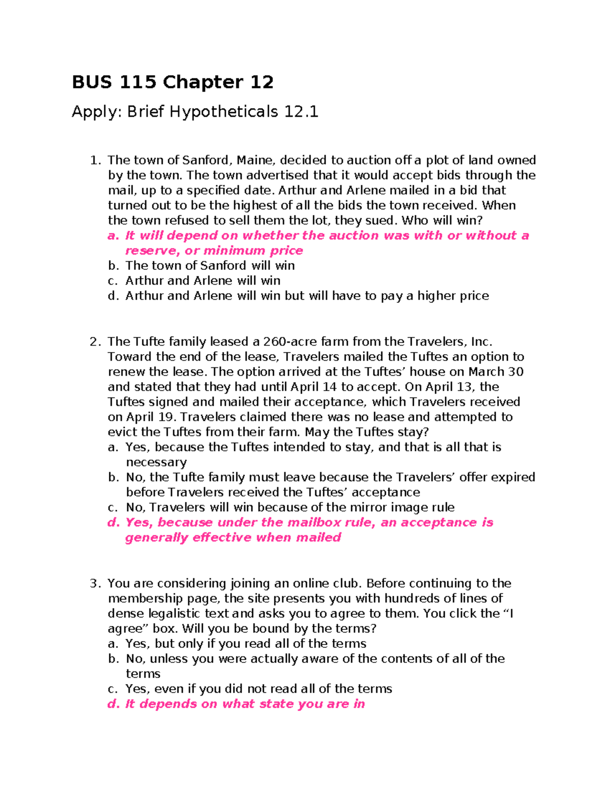 BUS 115 Chapter 12 Hypotheticals: Exam Questions & Answers - Studocu