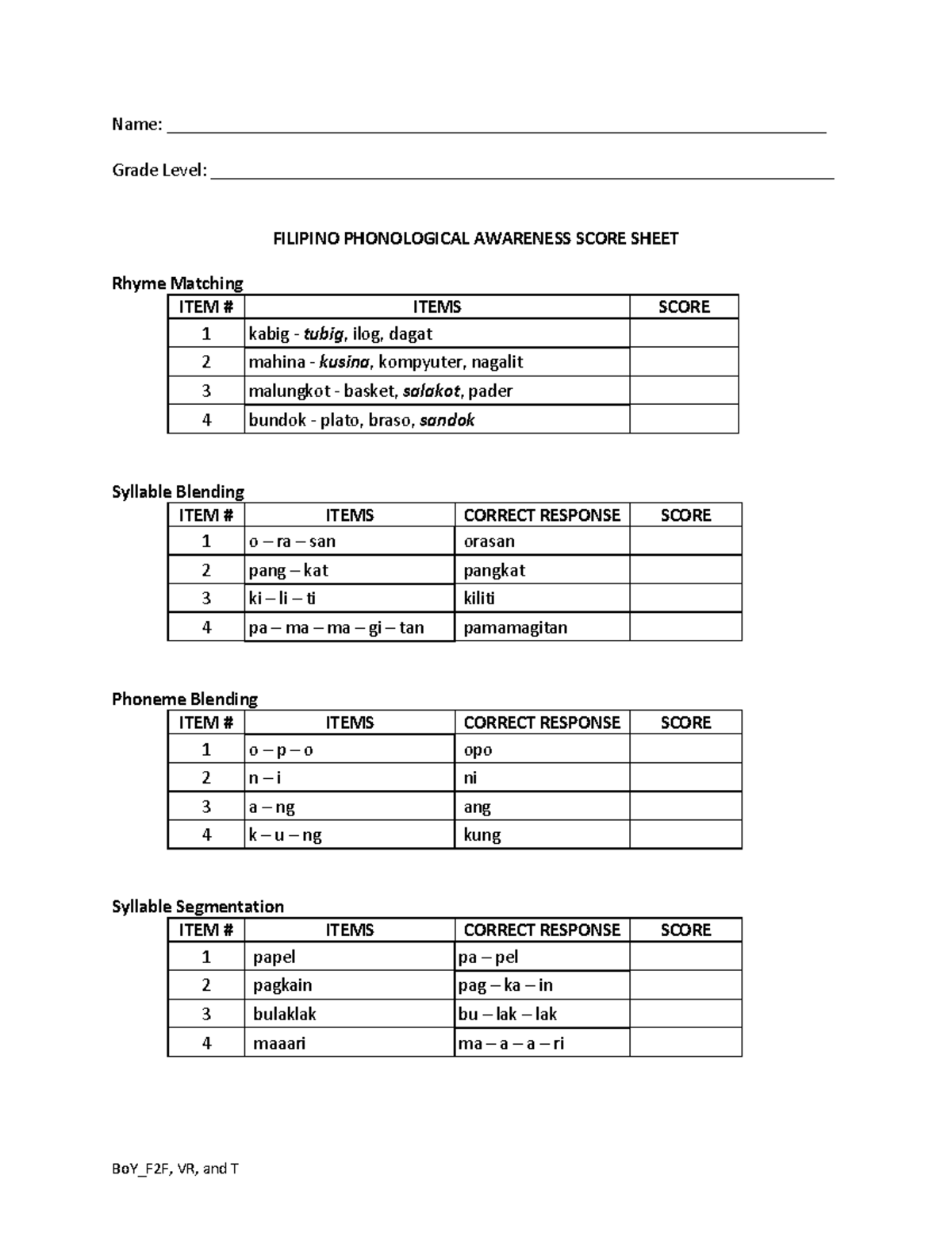 Phonological Awareness Score Sheet: Filipino Assessment (BoY_F2F, VR, T ...