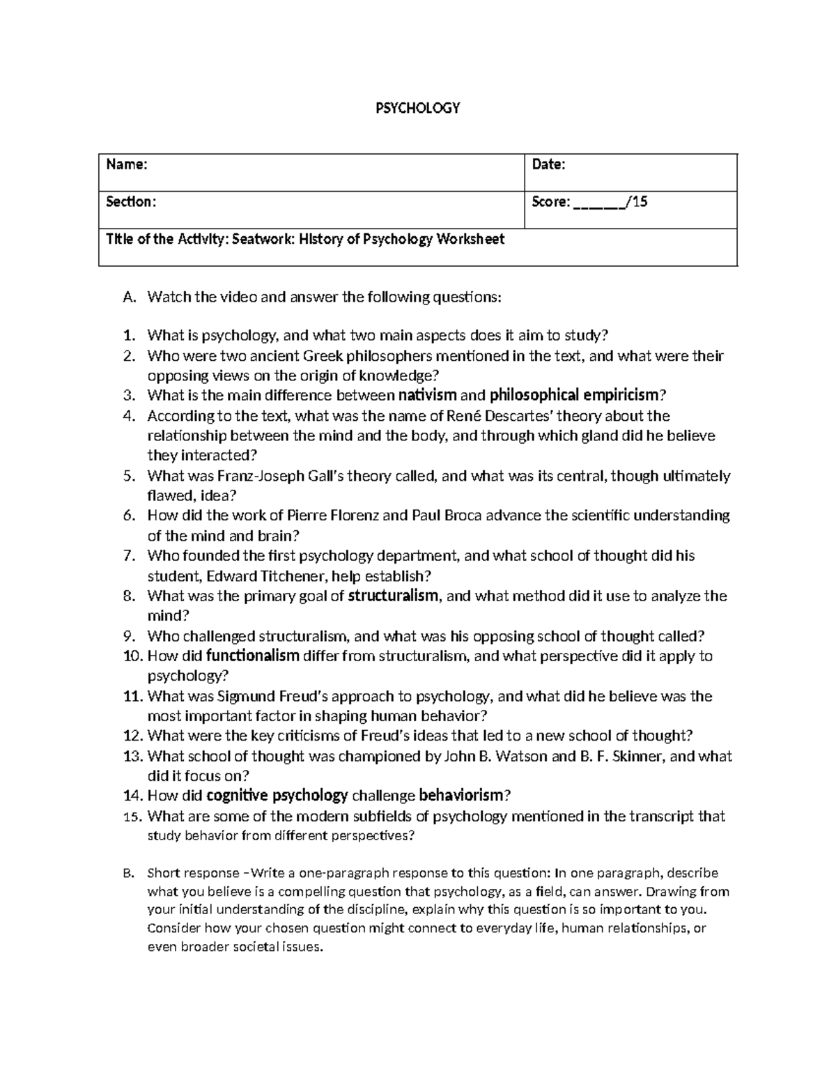 PSY 101: History of Psychology Seatwork Worksheet - Studocu