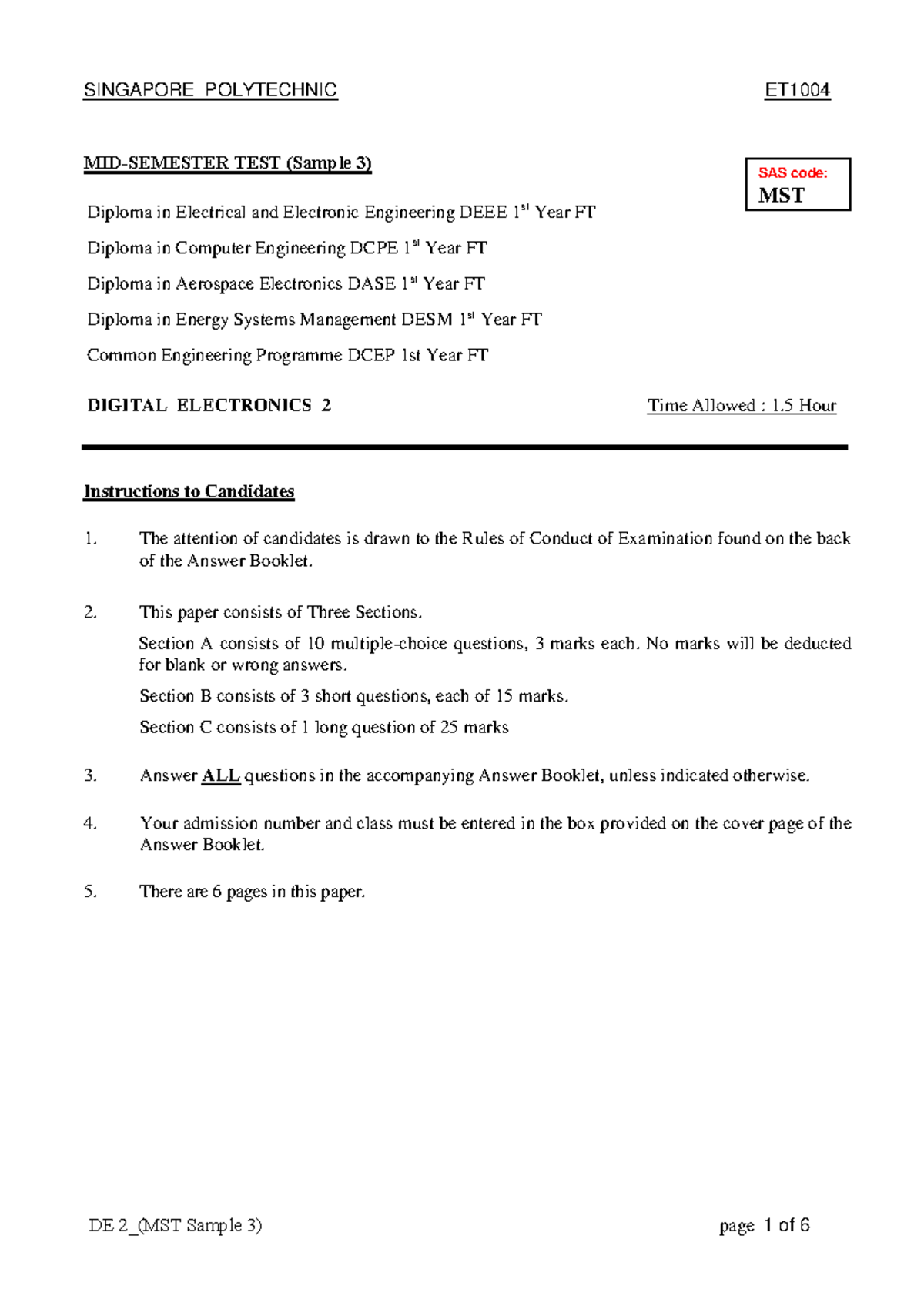 DE2 MST Sample 3 - Digital Electronics Mid-Semester Test Paper - Studocu