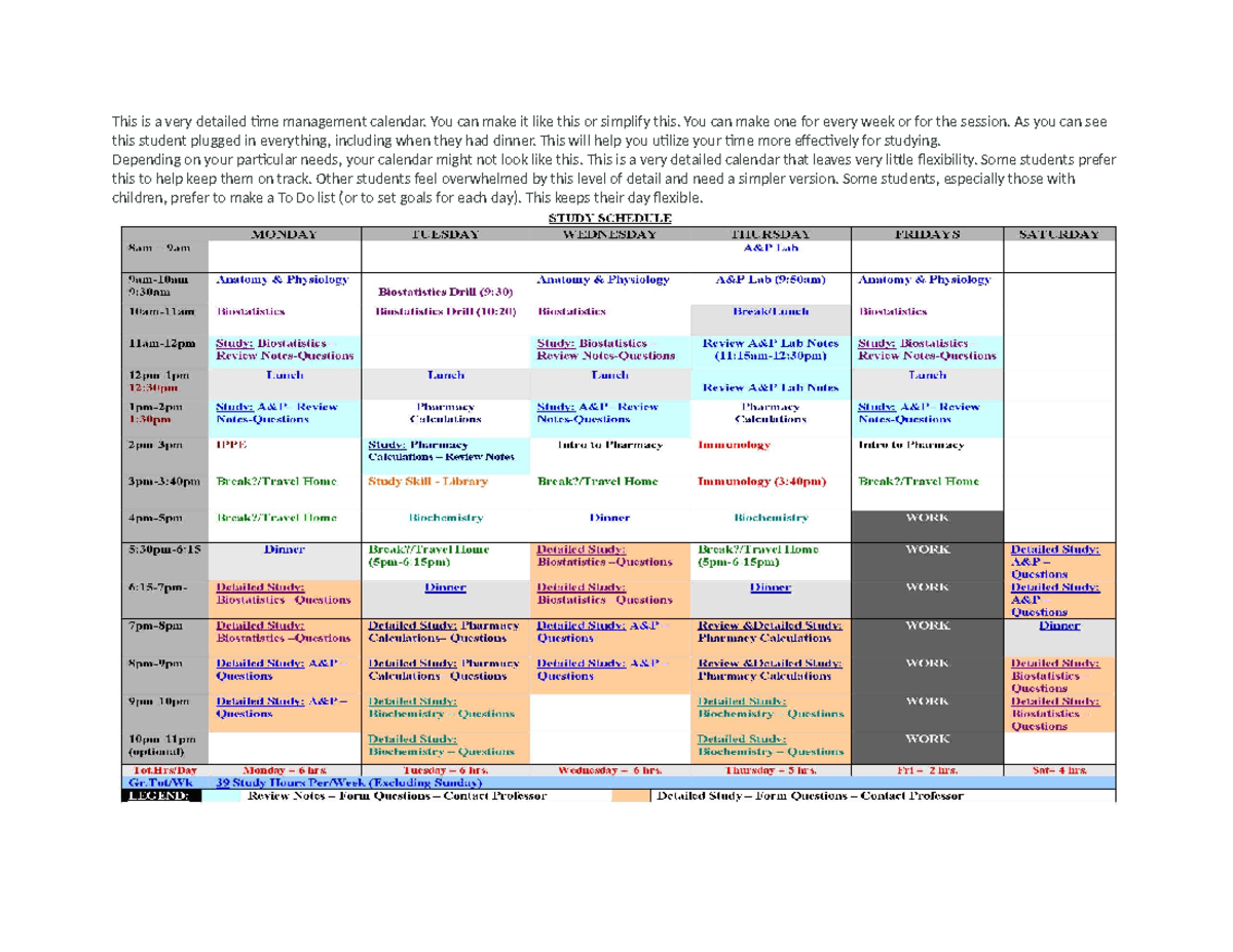 Example of Time Management Calendar-Filled In - This is a very detailed ...