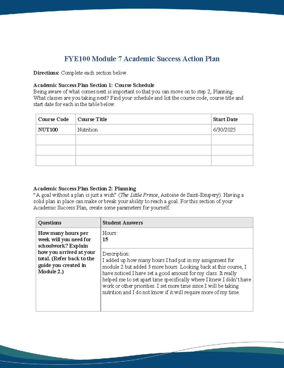 FYE100 Module 7 Academic Success Action Plan Guide - Studocu