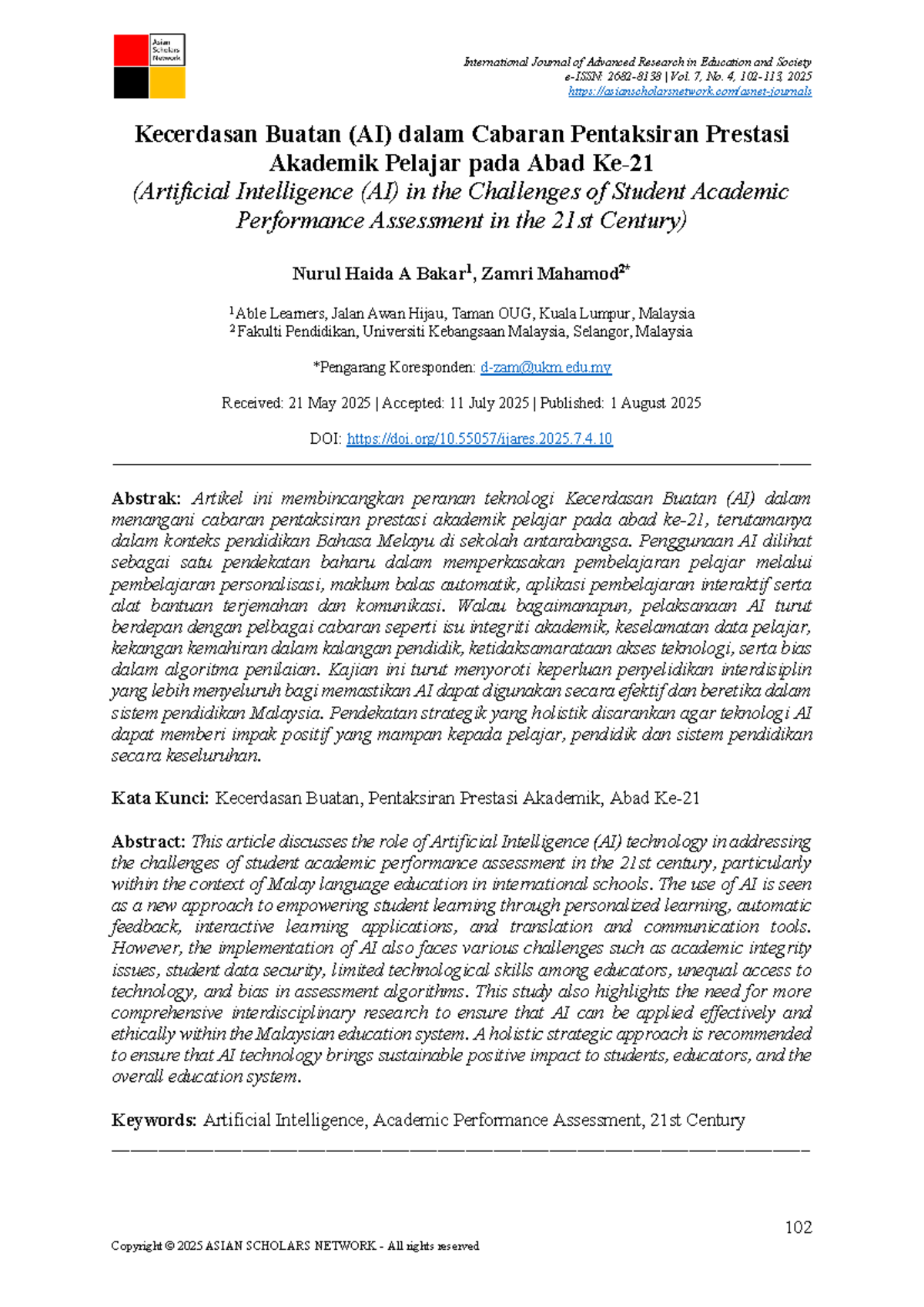 Ijares Vol. 7, No. 4, 2025: AI dalam Cabaran Pentaksiran Prestasi ...