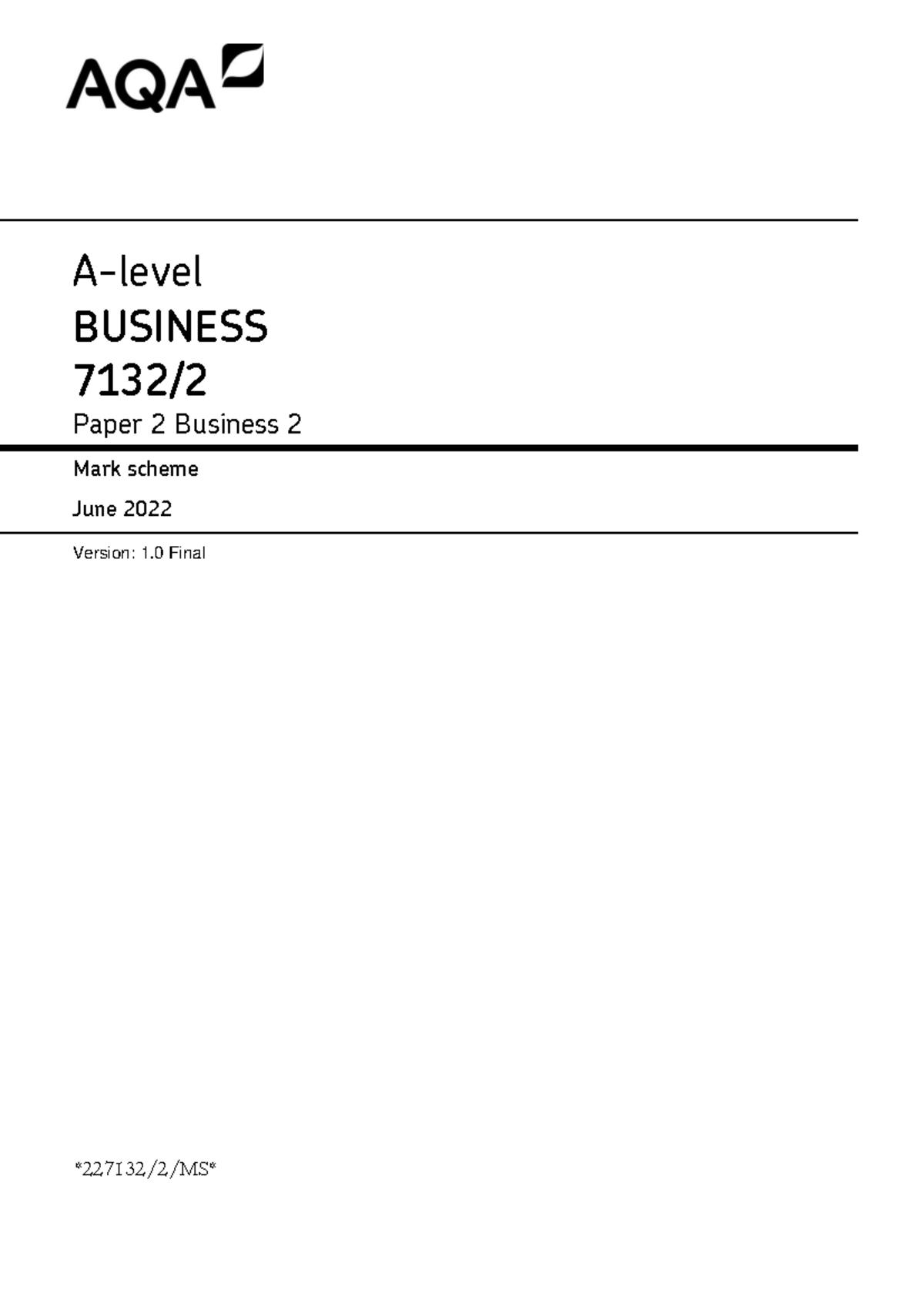 AQA 7132/2 Business Paper 2 Mark Scheme Final - June 2022 - Studocu