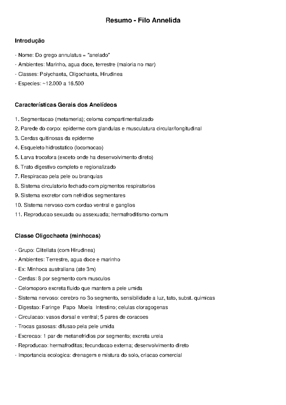 Resumo do Filo Annelida: Características e Classes Principais - Studocu