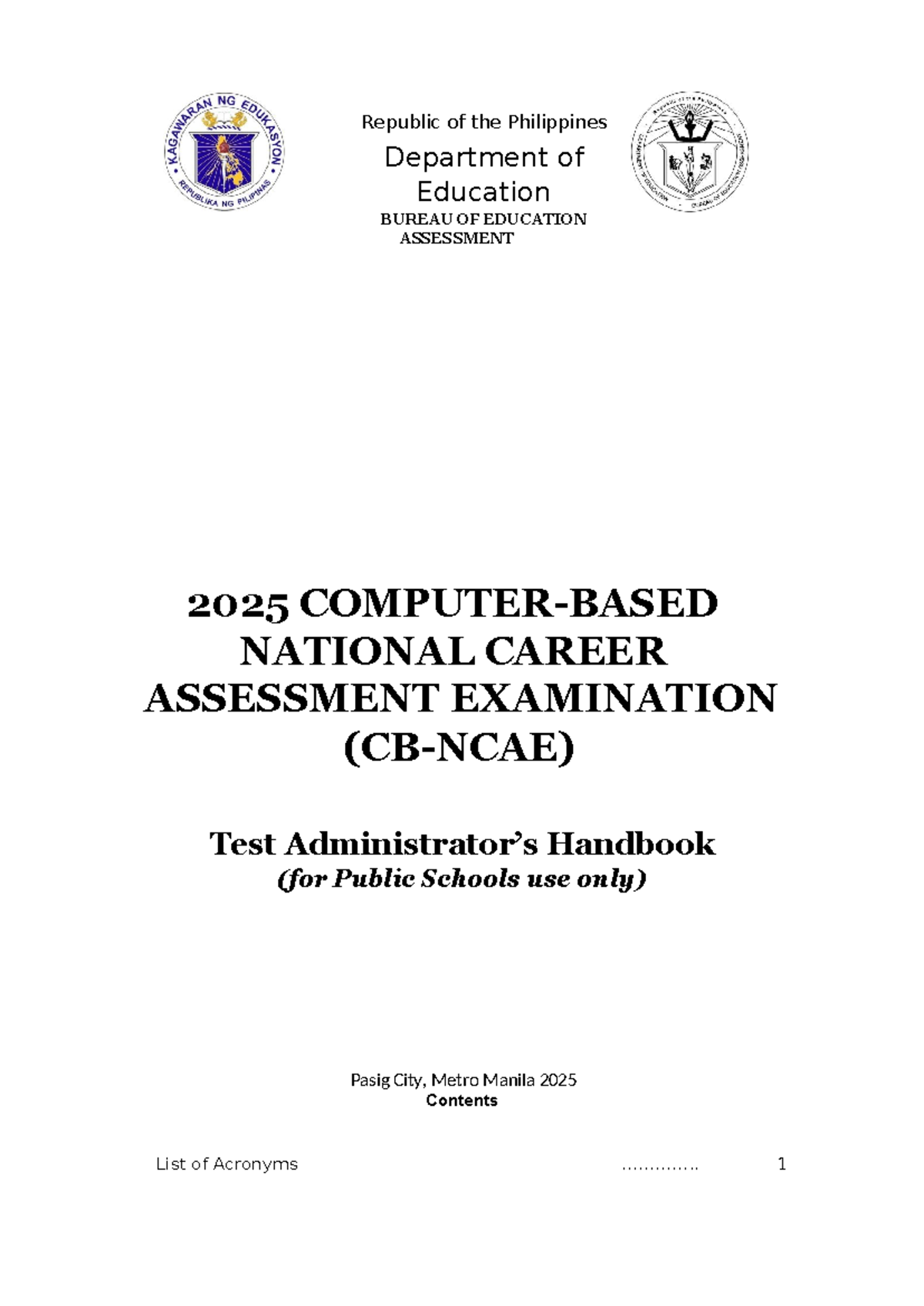 2025 CB-NCAE Test Administrator's Handbook for Public Schools - Studocu