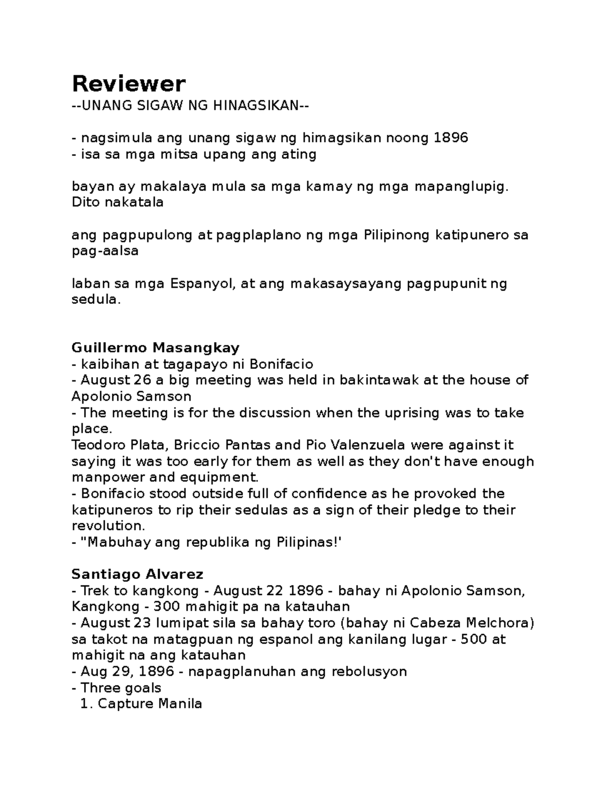 Unang Sigaw ng Himagsikan Reviewer - D. Unang Sigaw Summary - Studocu