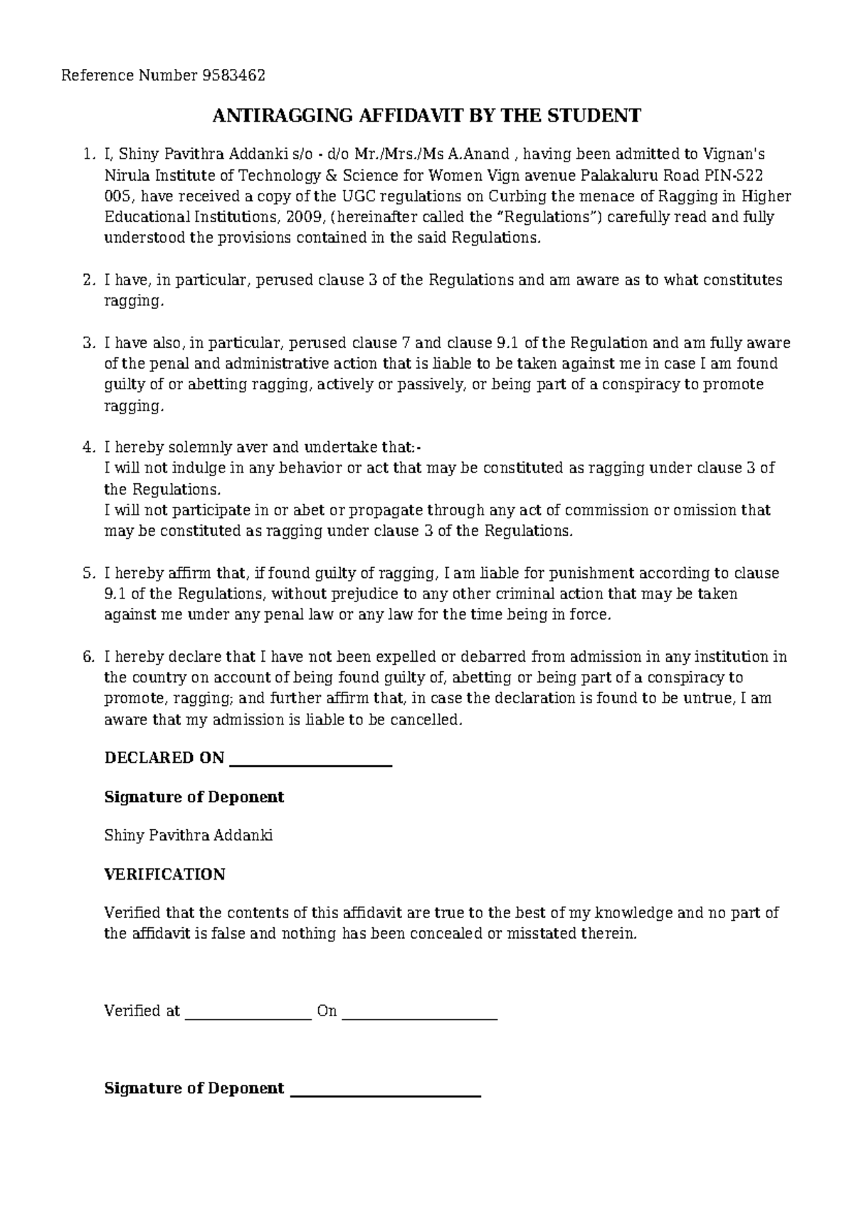 Antiragging Affidavit Form - Reference No. 9583462 - Studocu