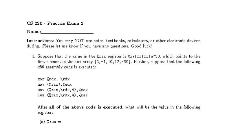 CS 220 Practice Exam 2 - Assembly & C Code Analysis - Studocu