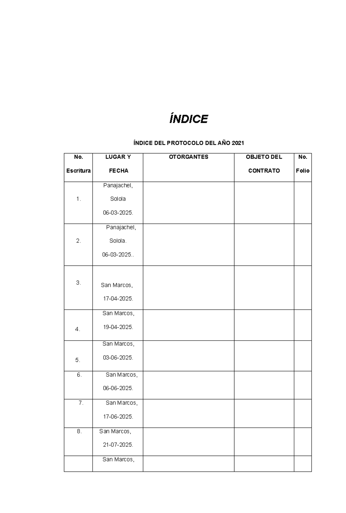 Índice Notarial del Protocolo 2025 - Notaria Nuvia María Patricia Reina ...
