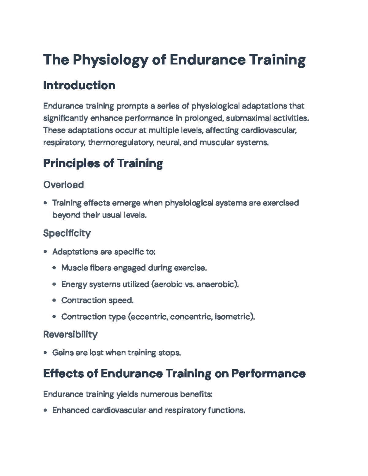 Physiological Adaptations from Endurance Training - PE 101 Final Exam ...