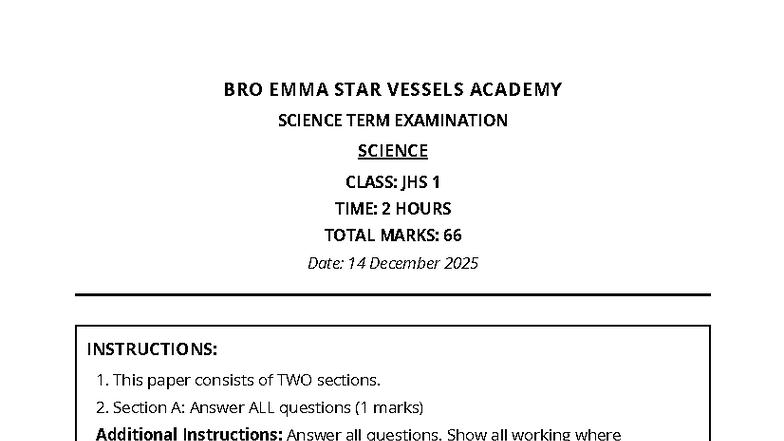 JHS 1 Science Term Exam Questions (2025) - Studocu