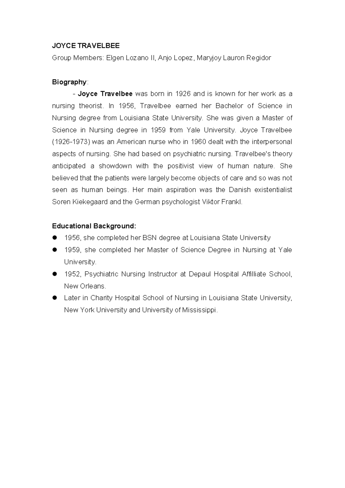 Joyce Travelbee: Influence on Nursing Theory & Humanistic Care - Studocu