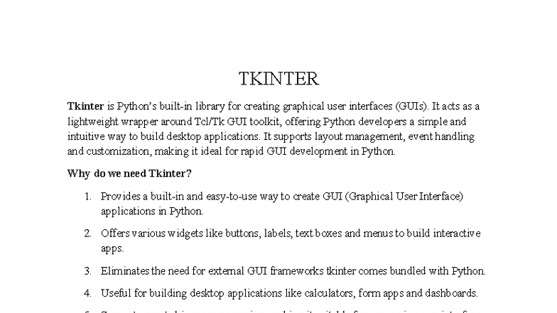 Tkinter (CS101) - Comprehensive GUI Development Notes - Studocu