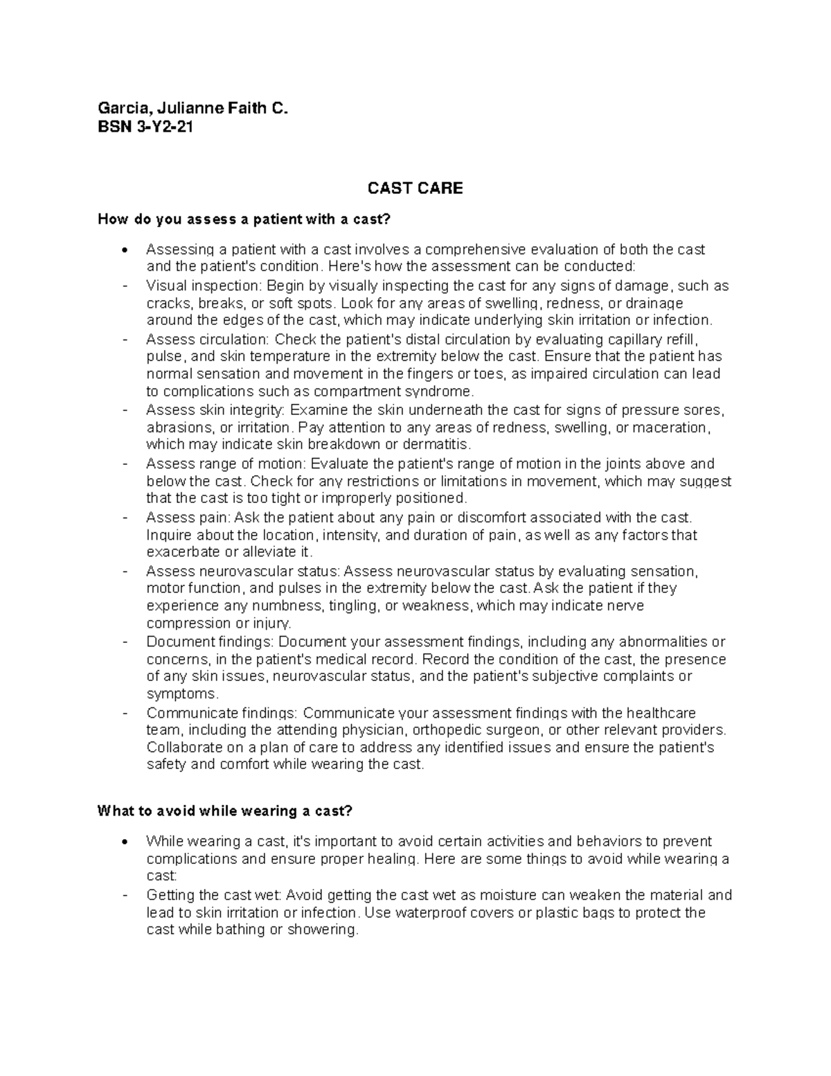RLE Course Task - Cast Care - Garcia, Julianne Faith C. BSN 3-Y2- 21 ...