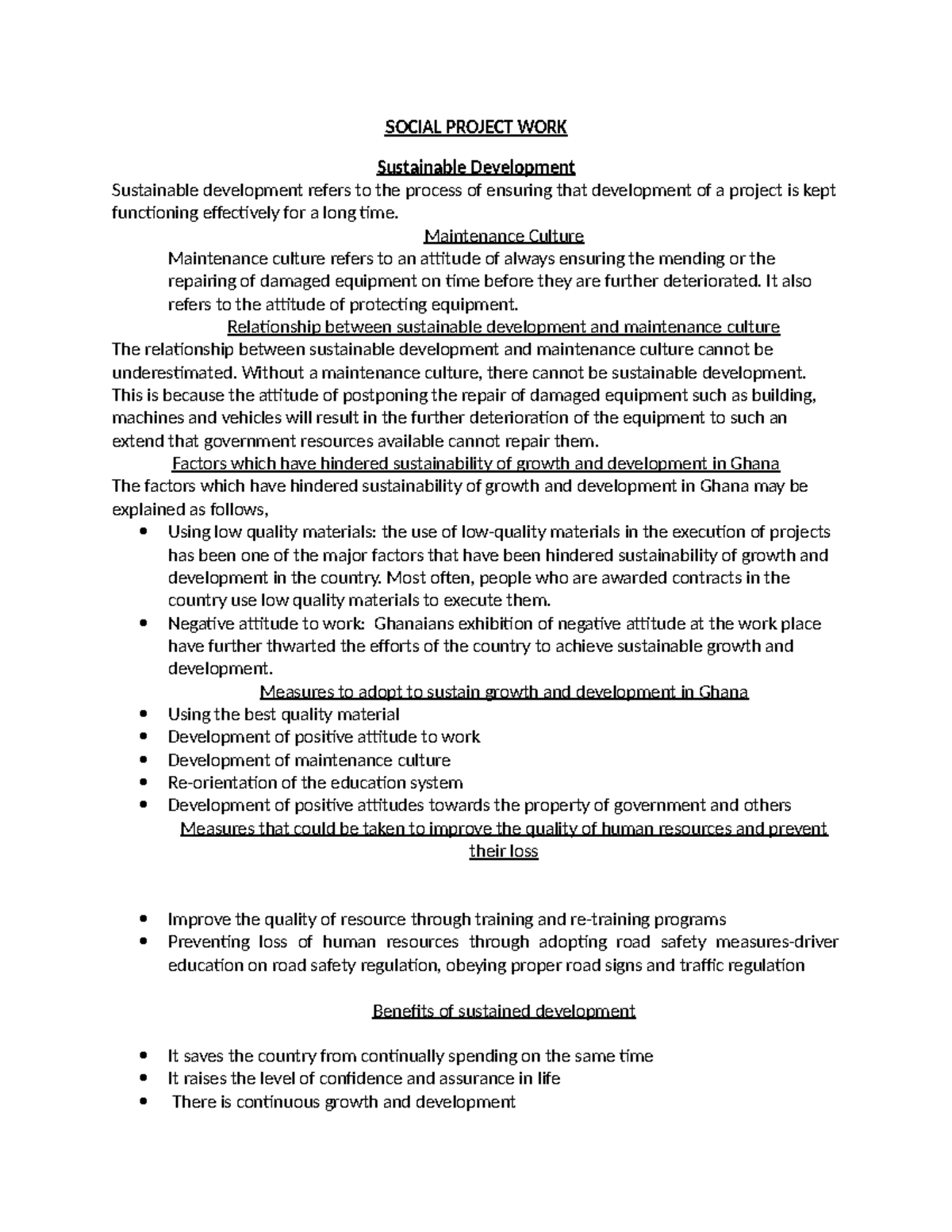 SOCIAL PROJECT WORK: Sustainable Development & Maintenance Culture ...