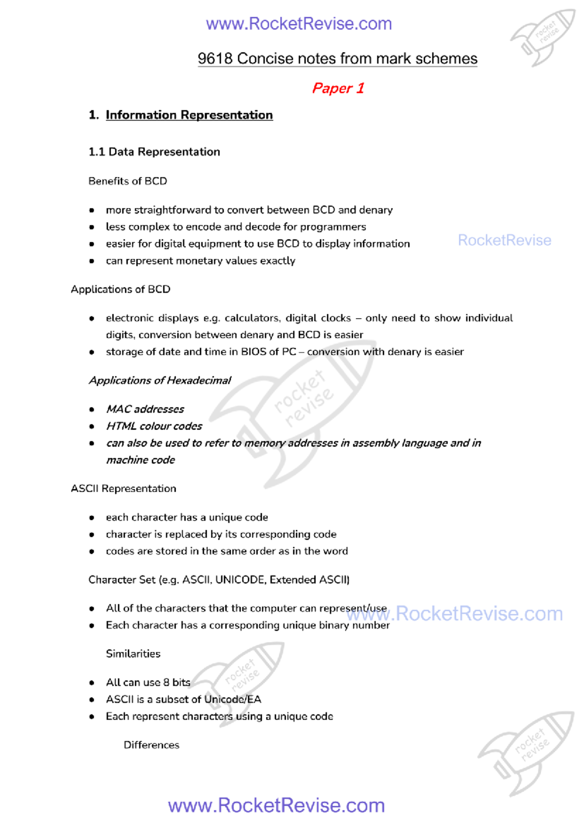 EET CKK E RO VIS RE 9618 Concise Notes on Data Representation and ...