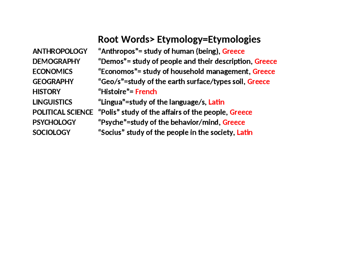 Etymologies Social Sciences - Root Words> Etymology=Etymologies ...