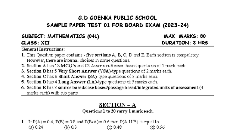 Maths Sample Paper Test 01 for Board Exam - Class 12 - Studocu