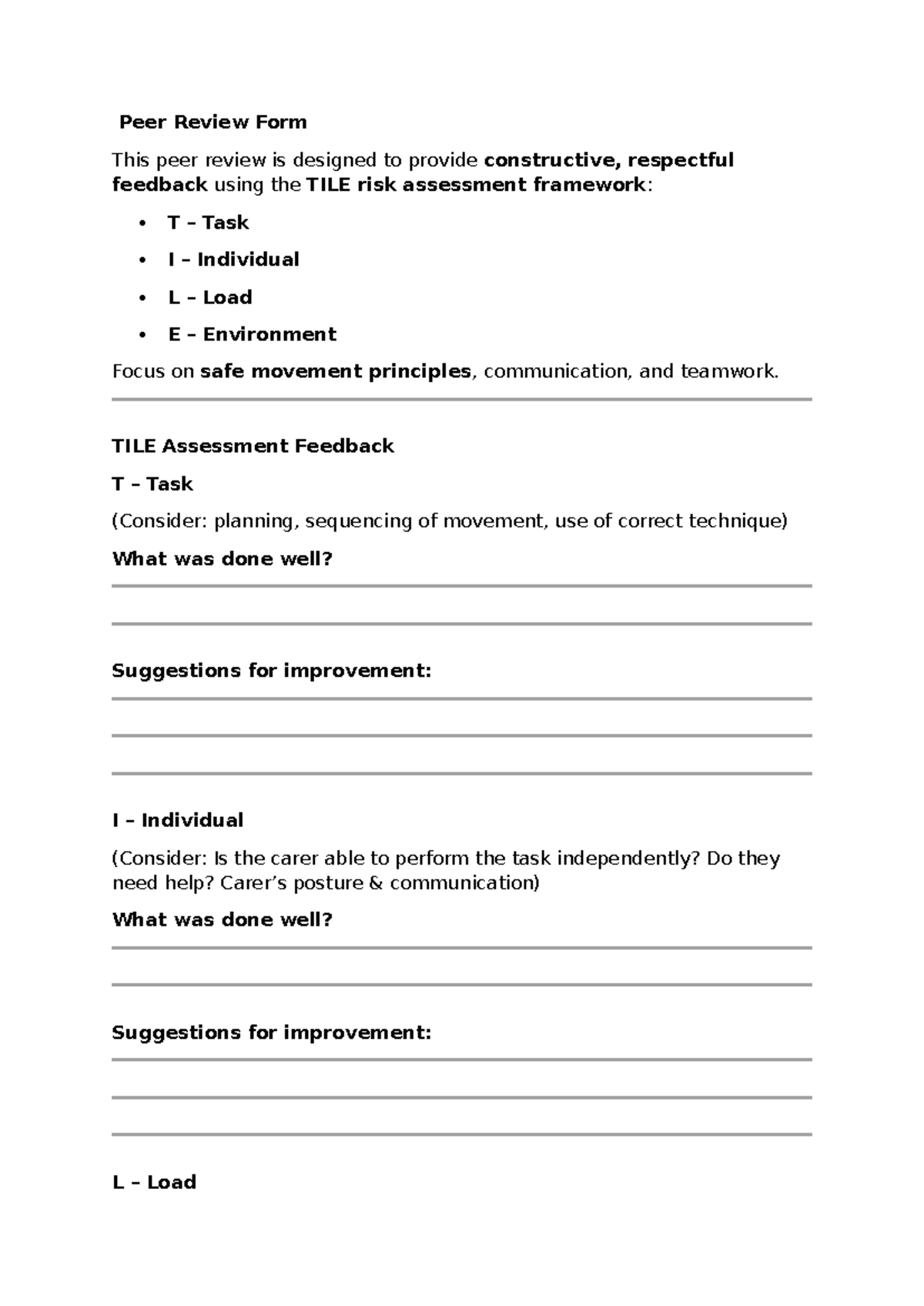 TILE Risk Assessment Peer Review Form - Studocu