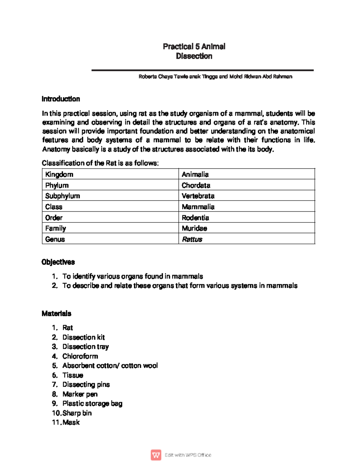 Dissection OF Mouse - Practical 5 Animal Dissection Roberta Chaya Tawie ...