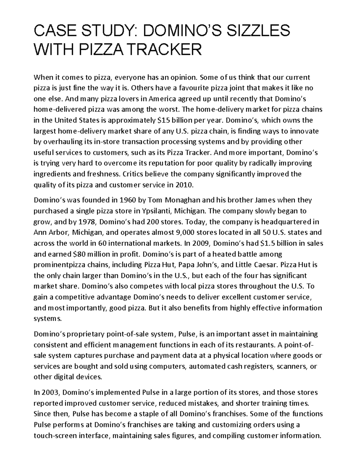 CASE STUDY: DOMINO'S PIZZA TRACKER INNOVATIONS - Studocu