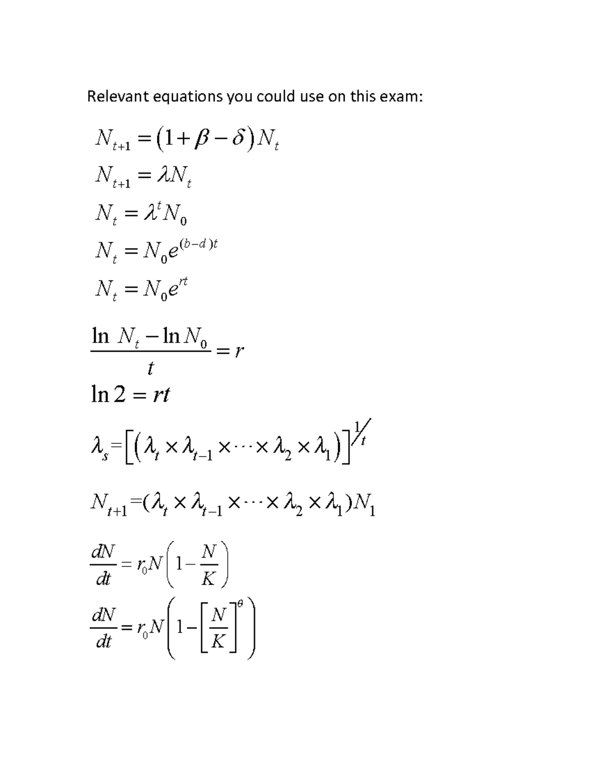 Relevant Equations for Final Exam - Studocu