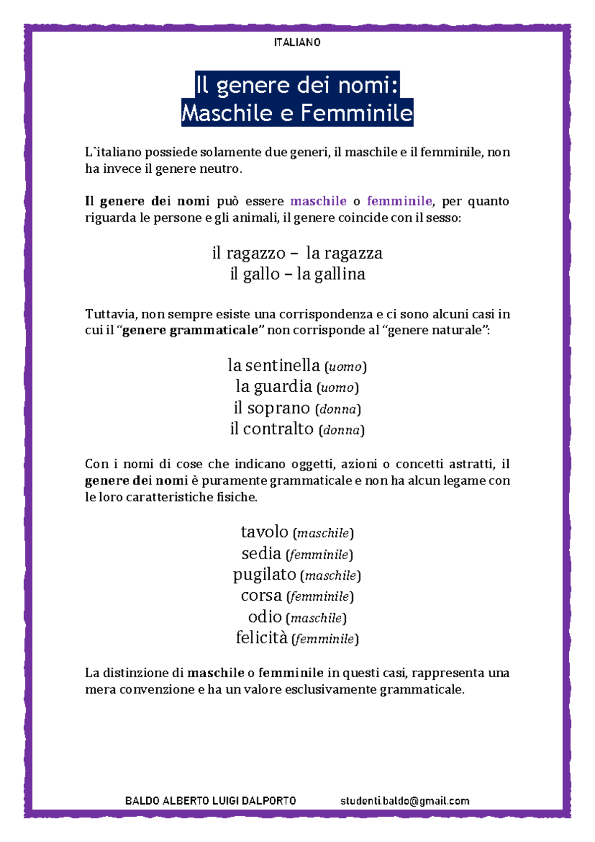 ITALIANO Genere dei Nomi: Maschile e Femminile Analisi Grammaticale ...