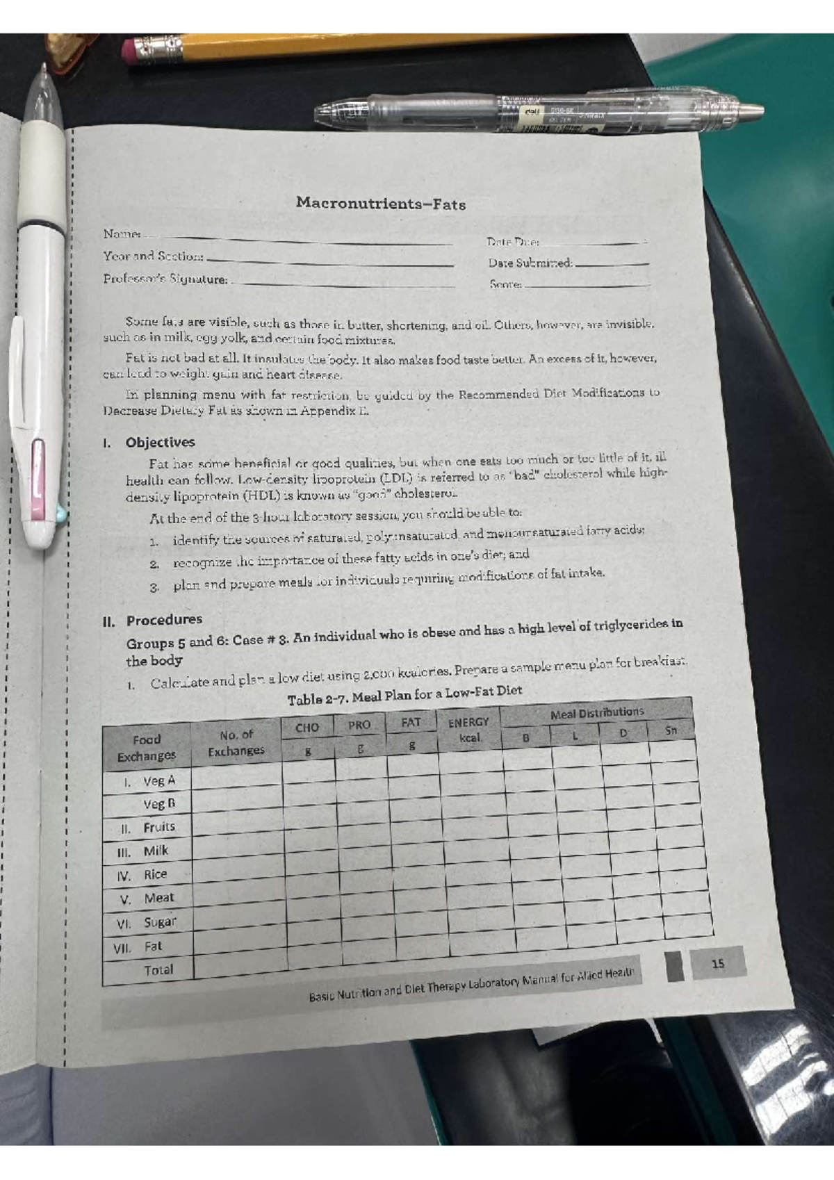 Basic Nutrition and Diet Therapy Lab Manual (AH 101): Fat Intake ...