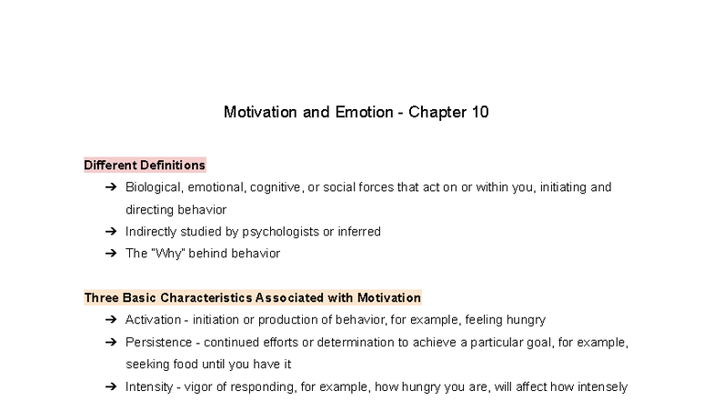 Motivation and Emotion - Chapter 10: Key Concepts Overview - Studocu