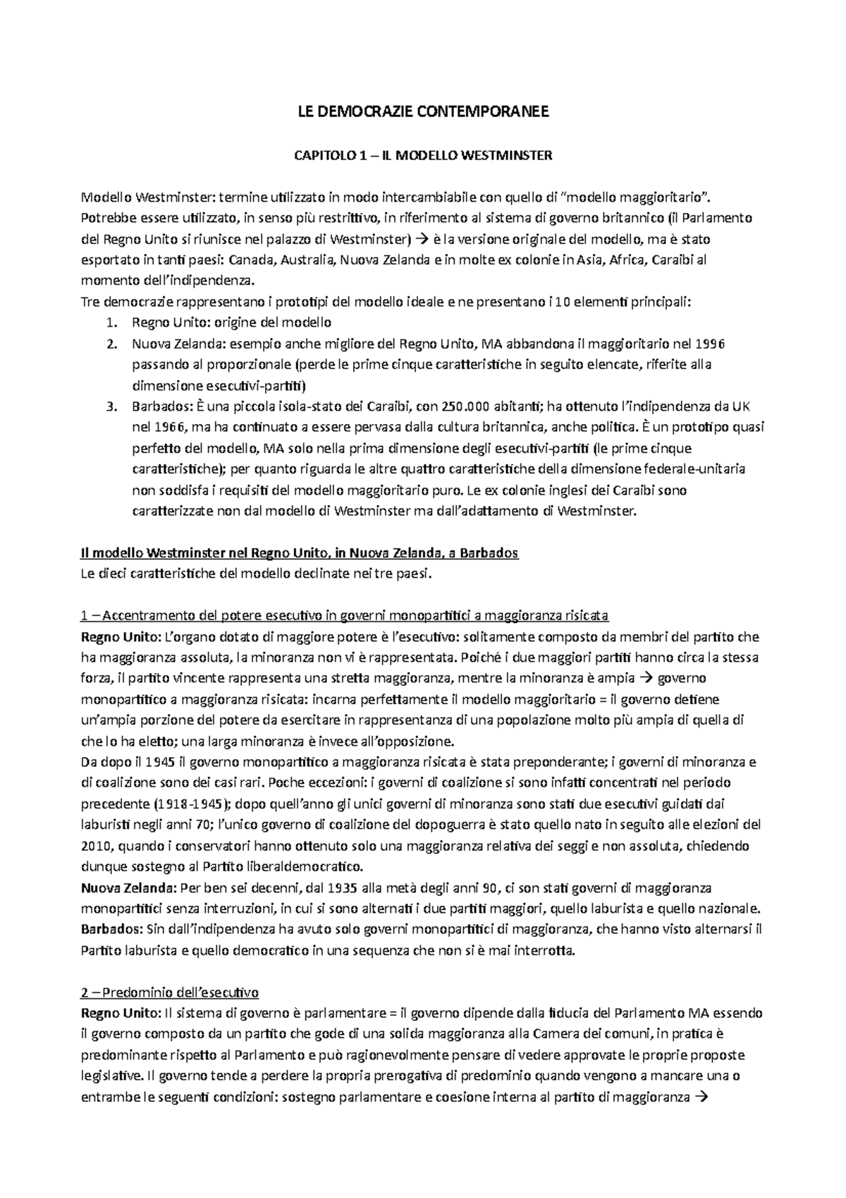 Riassunto Istituzioni Comparate: Modello Westminster e Consensuale ...