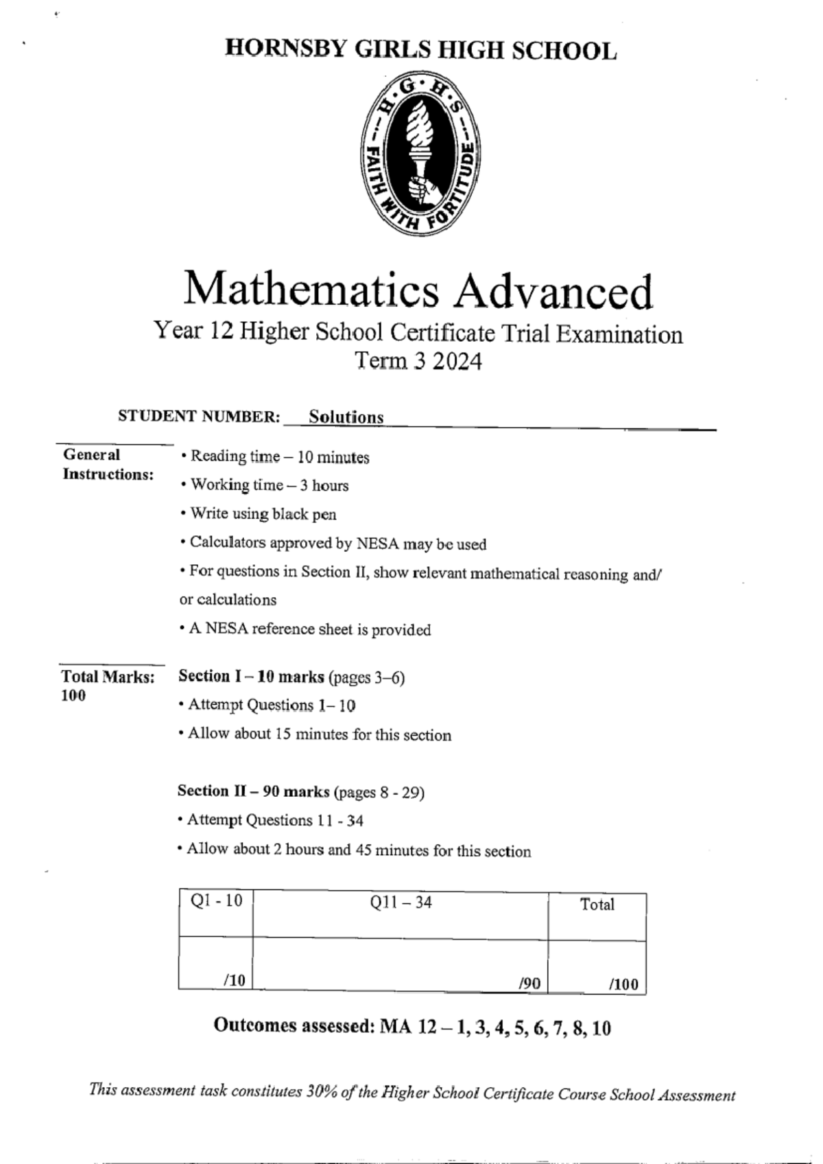 Hornsby Girls High School - Mathematics Adv Year 12 Trial Solutions ...